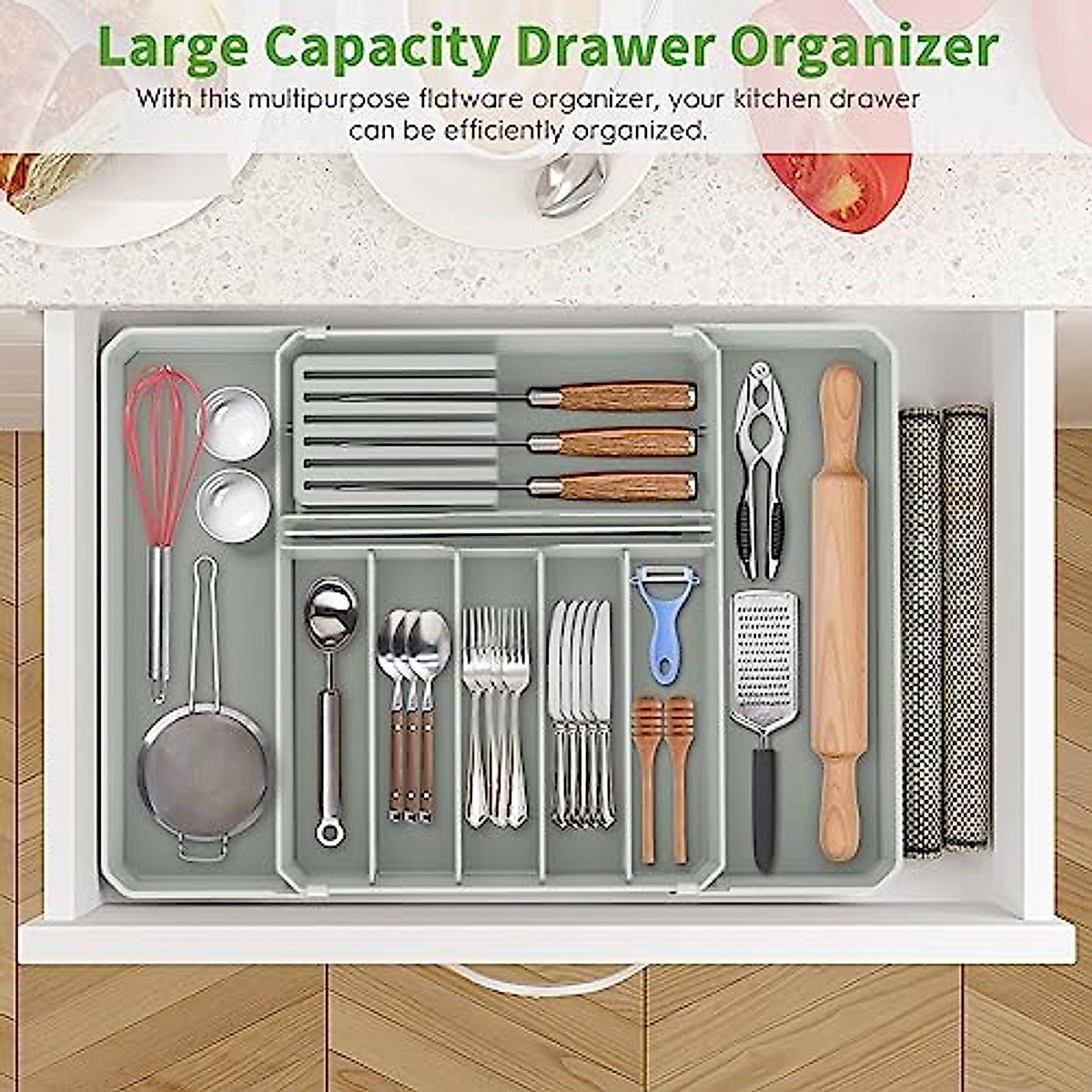 fifame Silverware Drawer Organizer, Expandable Kitchen Utensil Organizer, Larger Capacity Flatware and Cutlery Tray, Multi-Purpose Drawer Storage for Kitchen, Dressing Table, Office, Bathroom, (Grey)