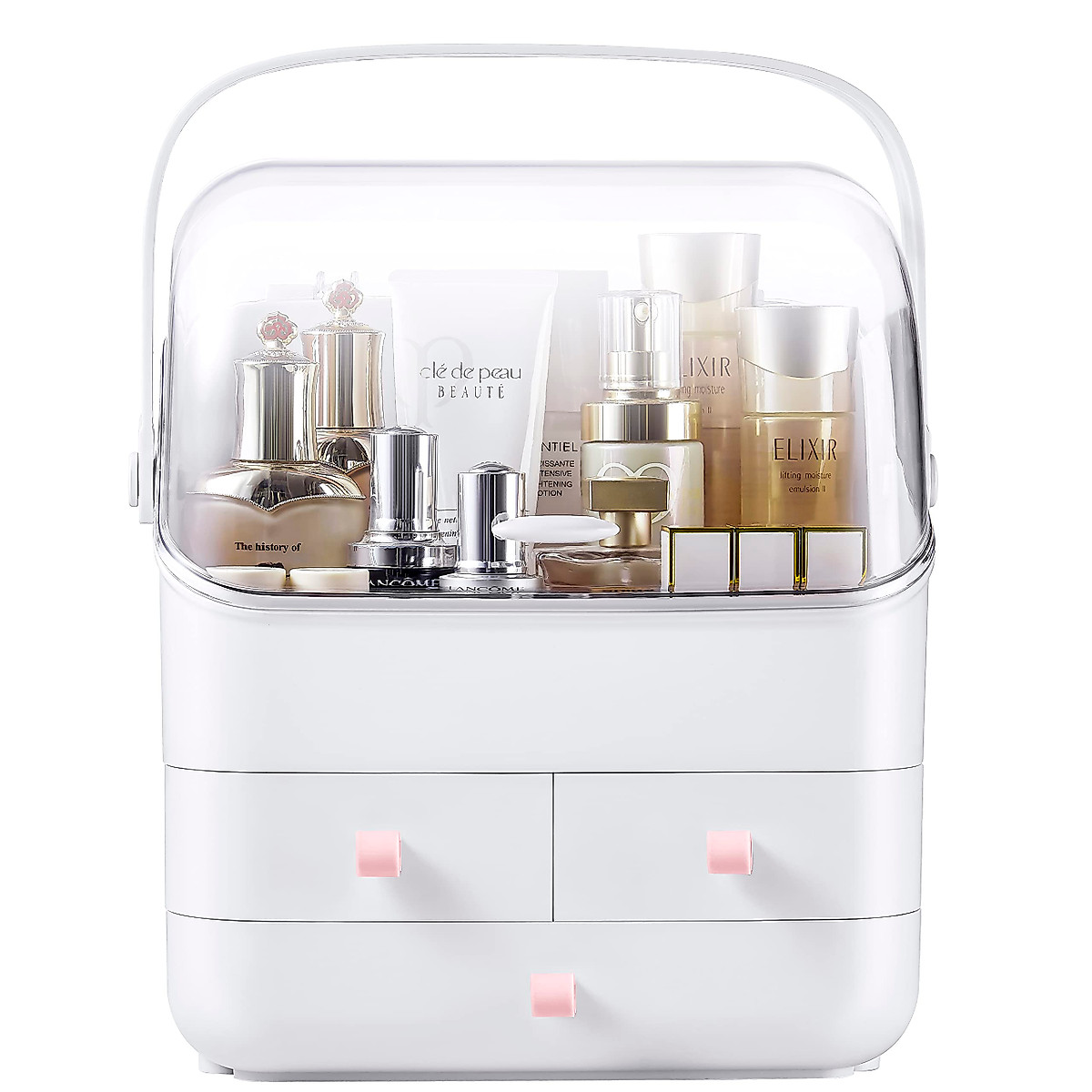 SUNFICON Makeup Organizer Holder Cosmetic Storage Box with Dust Free Cover Portable Handle,Fully Open Waterproof Lid, Dust Proof Drawers,Great for Bathroom Countertop Bedroom Dresser White