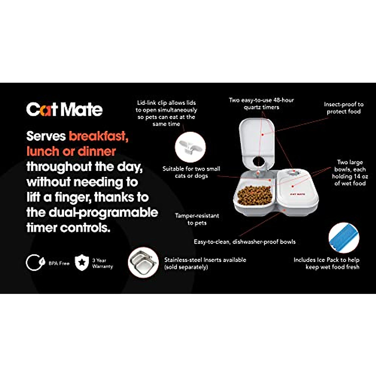 Cat Mate C200 2 Meal Automatic Pet Feeder for Cats and Small Dogs with Ice Pack