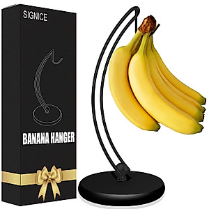 Signice Banana Holder Stand - Newest Patented Modern Banana Tree Hanger with Wood Base Stainless Steel Banana Rack for Home Kitchen Use,Doesn't Tip Over (Full Black)
