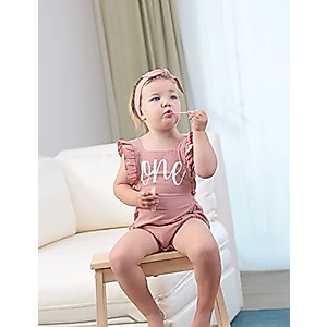 Shalofer Baby Girls One Year Old Outfits First Birthday Romper Cute Backless Ruffles Jumpsuit with Headband (Pink,12-18 Months)