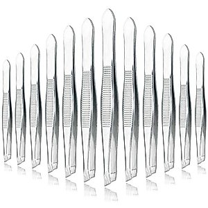 12Pcs Stainless Steel Tweezers Set - Slant Tip Tweezers for Women Eyebrow Tweezers for Men Precision Facial Hair Tweezers for Eyebrows - Long Tweezers Silver Gripper Tweezers for Ingrown Hair Tool
