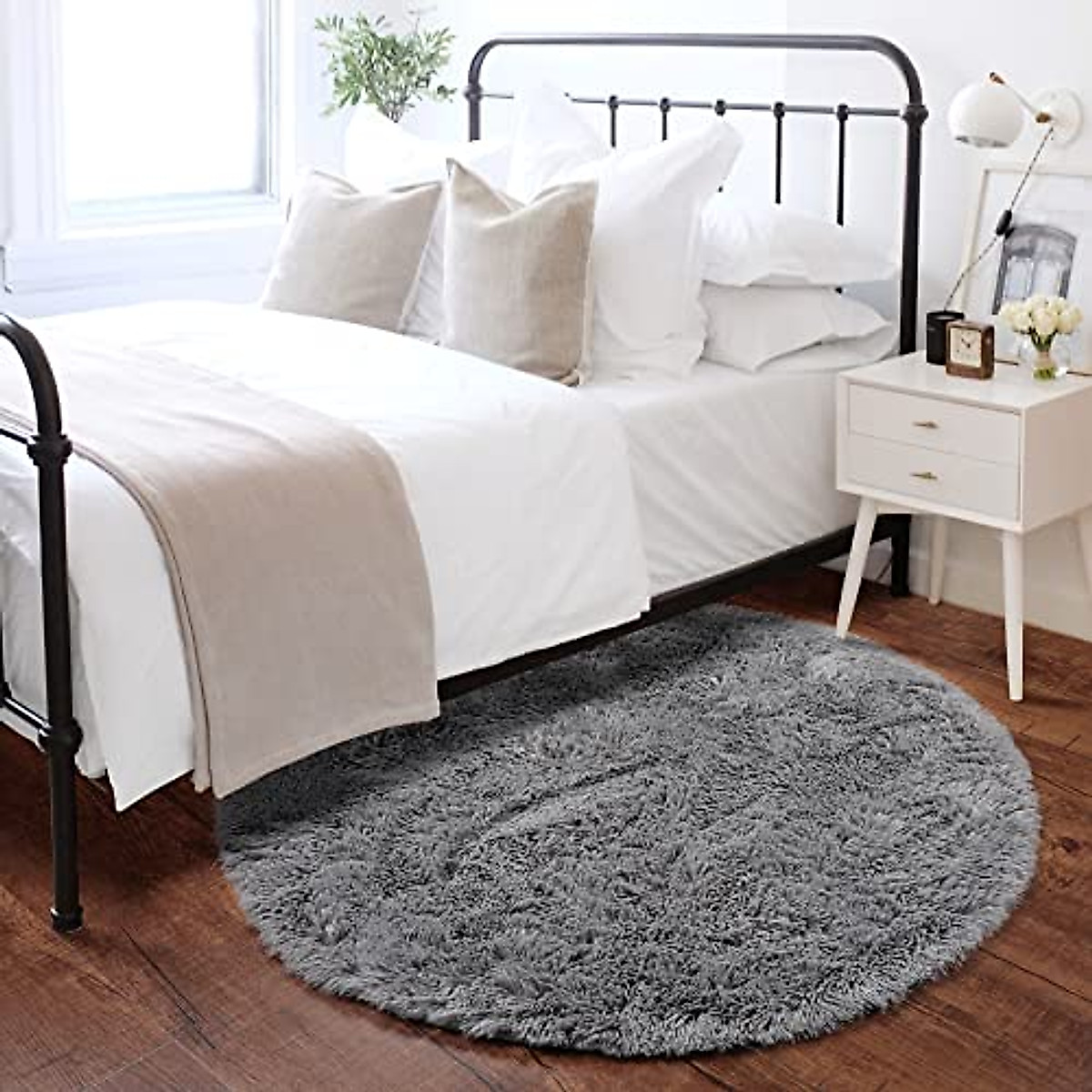 ONASAR Soft Round Area Rug for Bedroom,4 ft Gray Circle Rug for Nursery Room, Fluffy Carpet for Kids Room, Shaggy Floor Mat for Living Room, Furry Area Rug for Baby, Teen Room Decor for Girls Boys