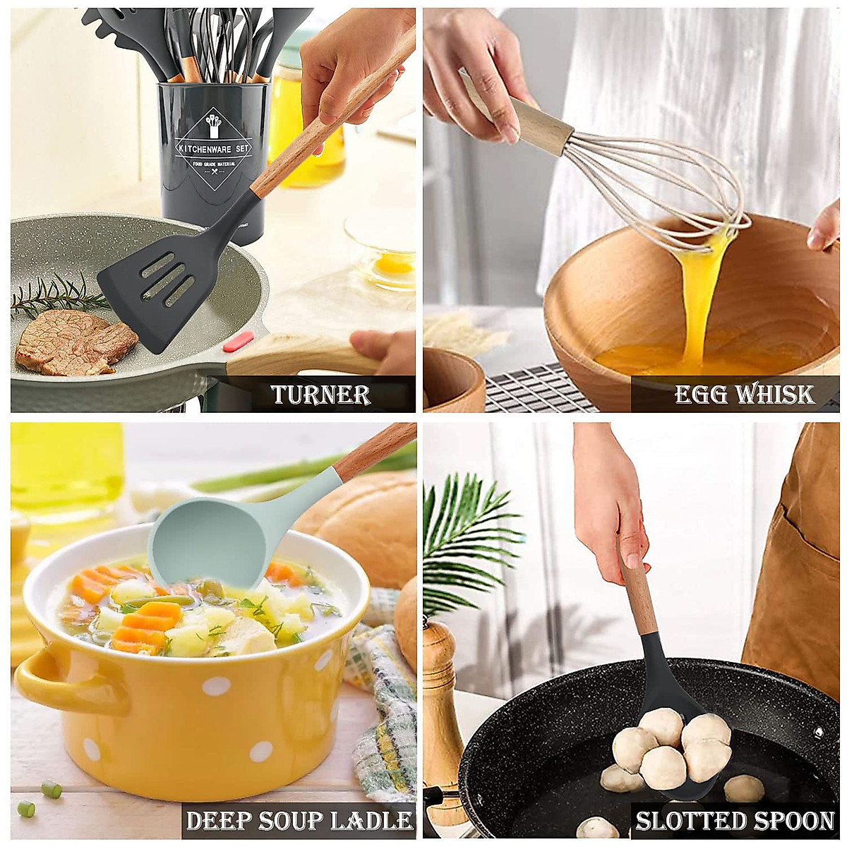 BRIIEC 11pcs Black Silicone Cooking Utensil Set with Holder Storage Bucket, Nonstick Wooden Handle Silicone Kitchen Gadgets Utensils Set Spatula Sets