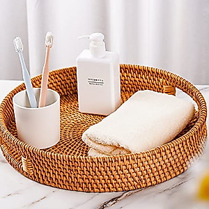 FIYAMMY Large Round Rattan Serving Tray Set of 2, Woven Tray with Handles Serving Basket Wicker Fruit Bread Serving Basket for Coffee Table(13.8in x 2.8in；11.8in x 2.4in)