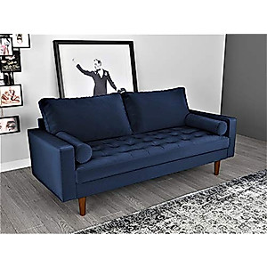 US Pride Furniture Mid Century Modern Velvet Living Room Furniture with Bolster Pillows, Button Tufted Seats, Track Arms and Solid Wood Legs, Sofa, Blue
