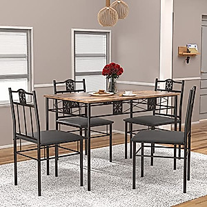 VECELO Kitchen Dinning Table for 4,Wooden Table and Cushion Chairs, 5-Piece Dinette Sets, Space Saving, Retro-Brown