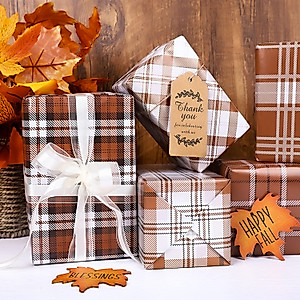 Whaline 12 Sheet Fall Gift Wrapping Paper 6 Design Orange Buffalo Plaids Printed Wrapping Sheet Autumn Theme Decorative Art DIY Craft Paper for Fall Celebration Gift Packing, 19.7 x 27.6 Inch