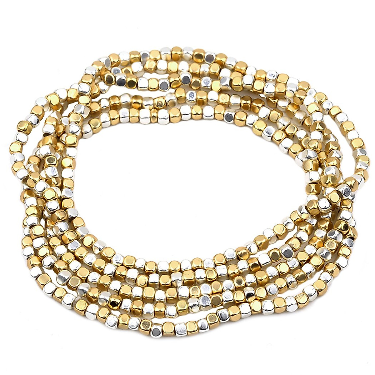 Rosemarie Collections Women's Seed Bead Nugget Stretch Bracelet Set of 5 (Matte Two Tone Gold Silver)