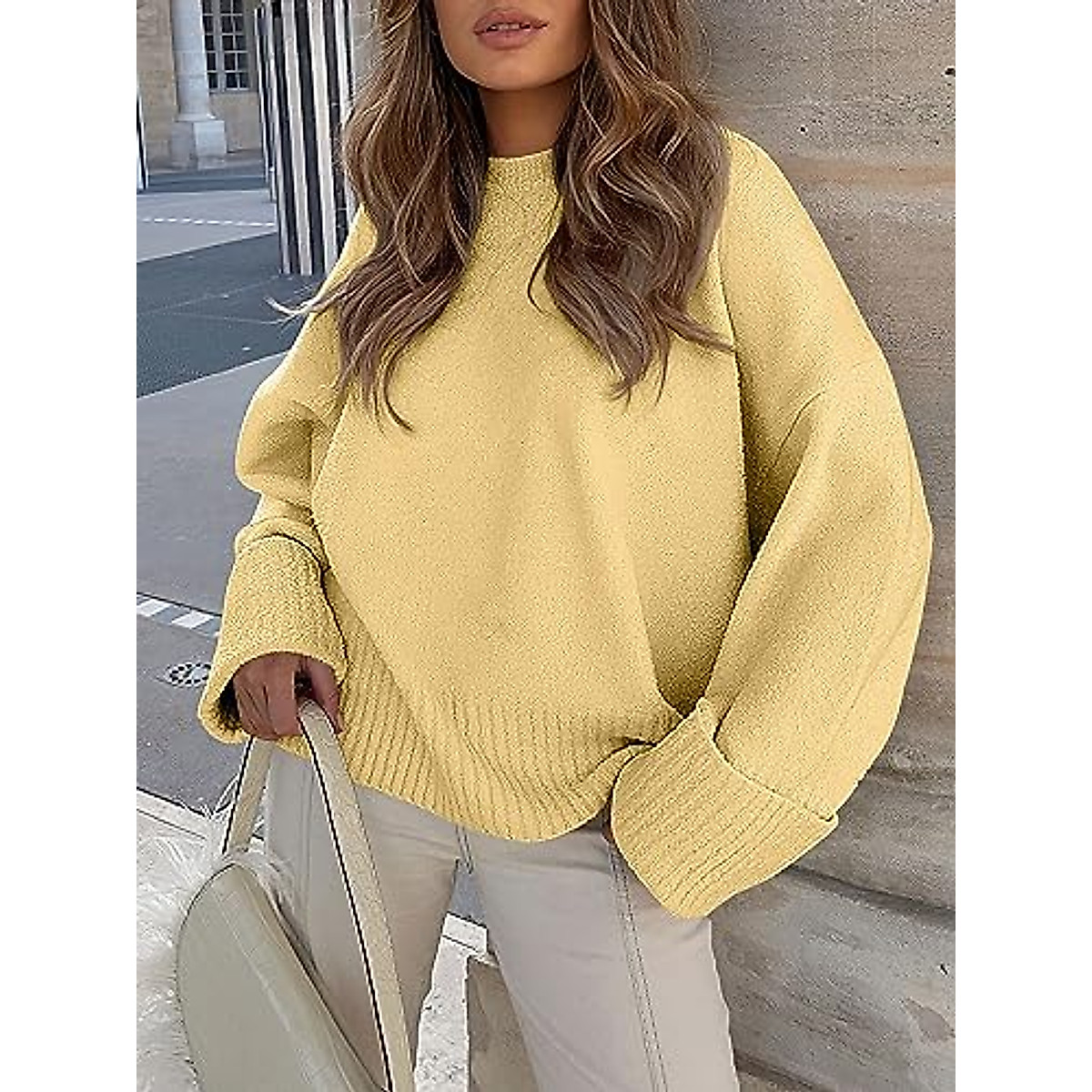 ANRABESS Women's Oversized Crewneck Long Sleeve Fuzzy Knit Casual Chunky Warm 2025 Fall Pullover Sweaters Top Trendy Outfits Yellow X-Large