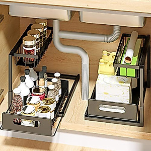 Miskall Under Sink Organizer L Shape 2 Tier Slide Out Sink Shelf for Under Kitchen Bathroom Sink Organizers and Storage Cabinet Organizer Black