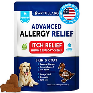 Artullano Dog Allergy Relief Chews - Dog Itching Skin Relief Treatment Pills - Itchy and Paw Licking - Anti-Itch Support - Immune Skin & Coat Supplement - Dry Skin and Hot Spots - 70 Treats