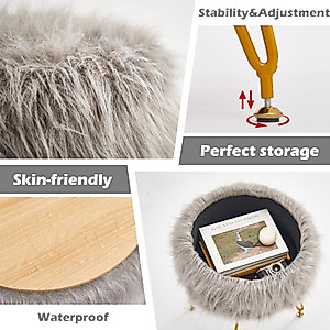 Alessing Grey Vanity Stool Chair with Storage, Faux Fur Storage Ottoman Furry Makeup Stool, Fuzzy Footrest Footstools with 4 Metal Legs & Wood Grain Pallet for Living Room Bedroom Entryway
