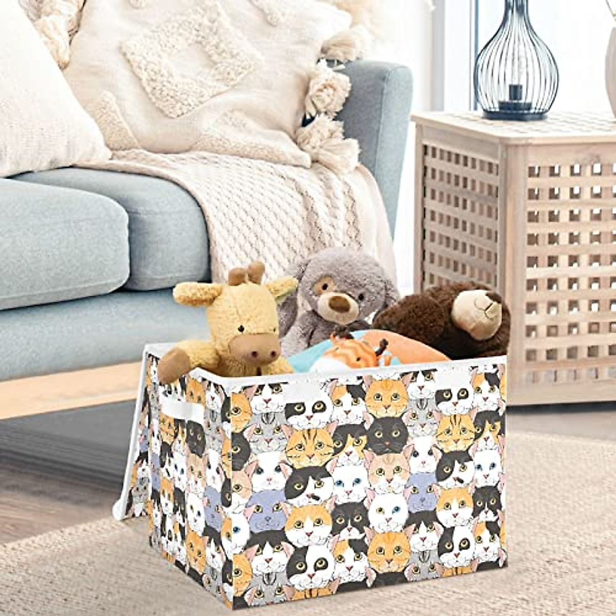 CaTaKu Large Fabric Storage Bins With Lids, Animal Cats Head Storage Boxes With Handles for Organizing Clothes, Collapsible Storage Cube Bins Baskets for Shelves