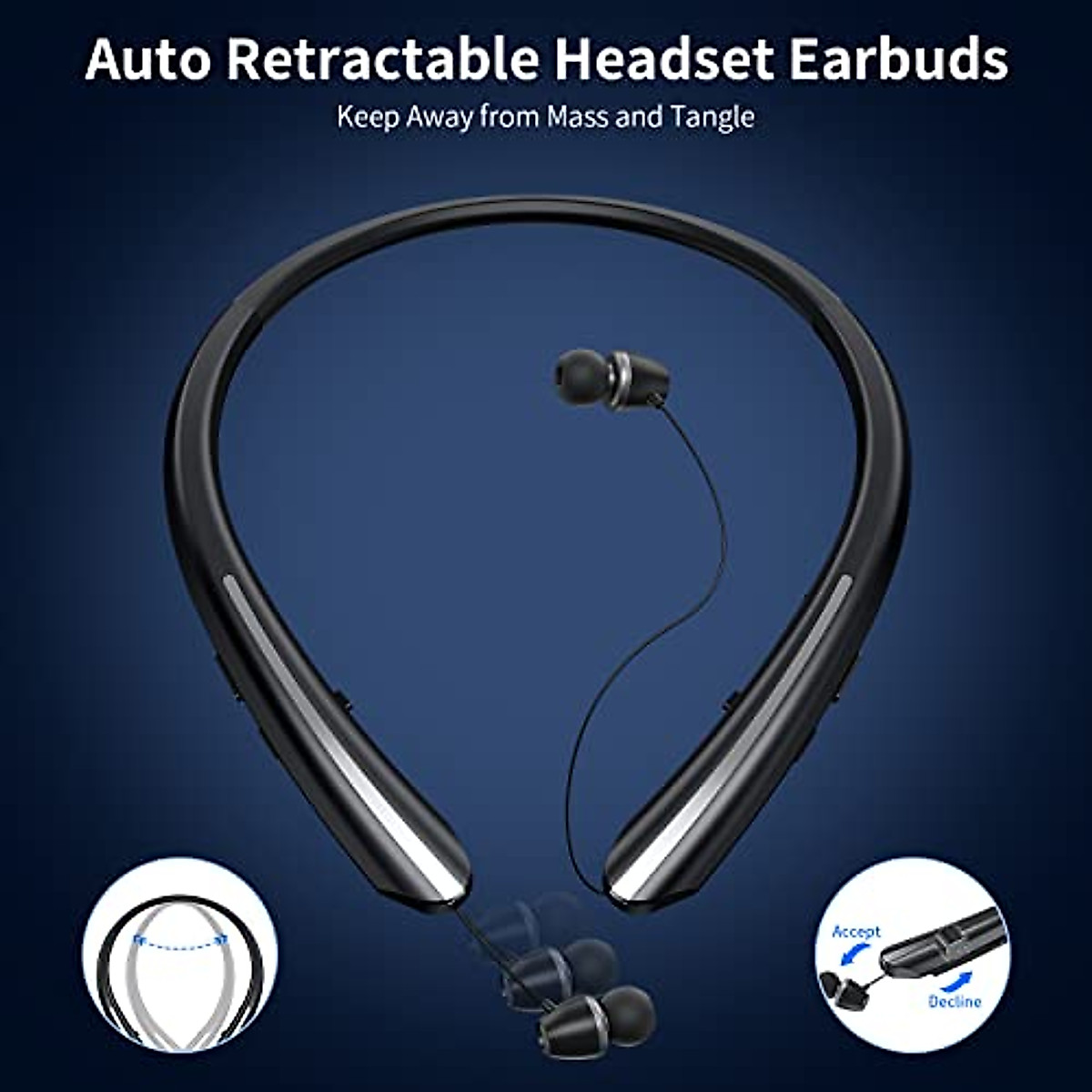 Neckband Bluetooth Headphones, Retractable Earbuds Wireless Headset Sports Noise Cancelling Stereo Earphones with Microphone Compatible with iPhone, Android, Samsung, iPad, PC (Black)