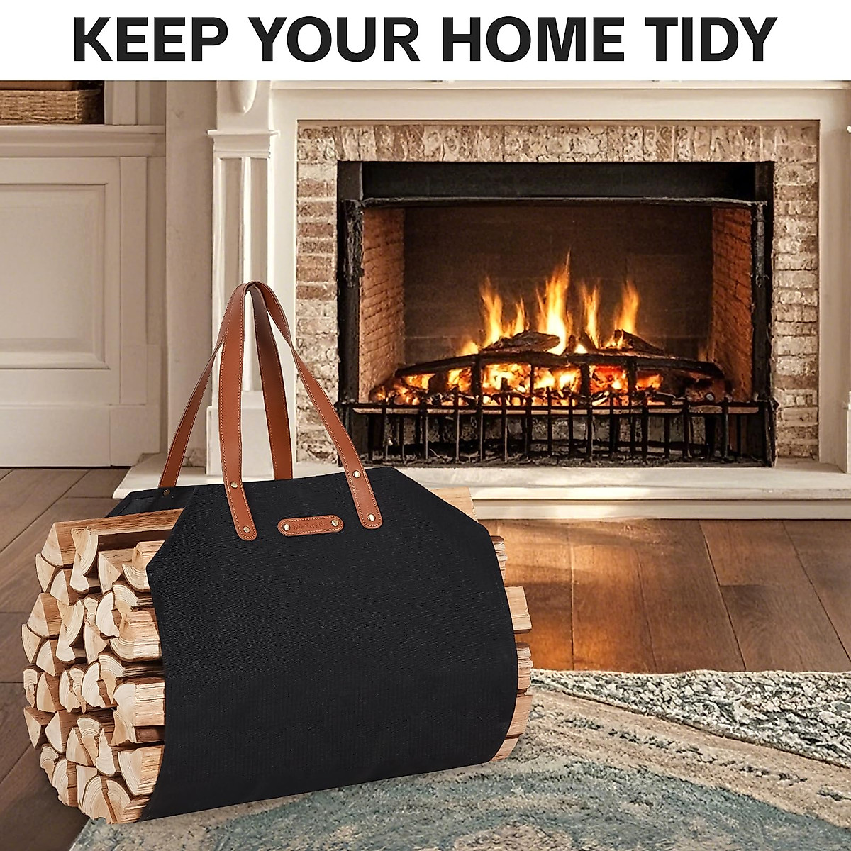 Permade Firewood Carrier with Real Leather Handles, Log Carrier for Firewood Canvas, 38.4x17.3inch Wood Carrier for Fireplace, Water Resistant Firewood Tote Bag, Stove, Outdoor Camping - Black