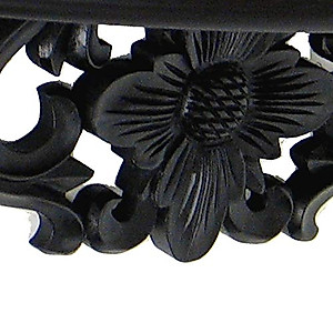 Benjara Hand Carved Wooden Moonbay Wall Shelf in Floral Design, Black