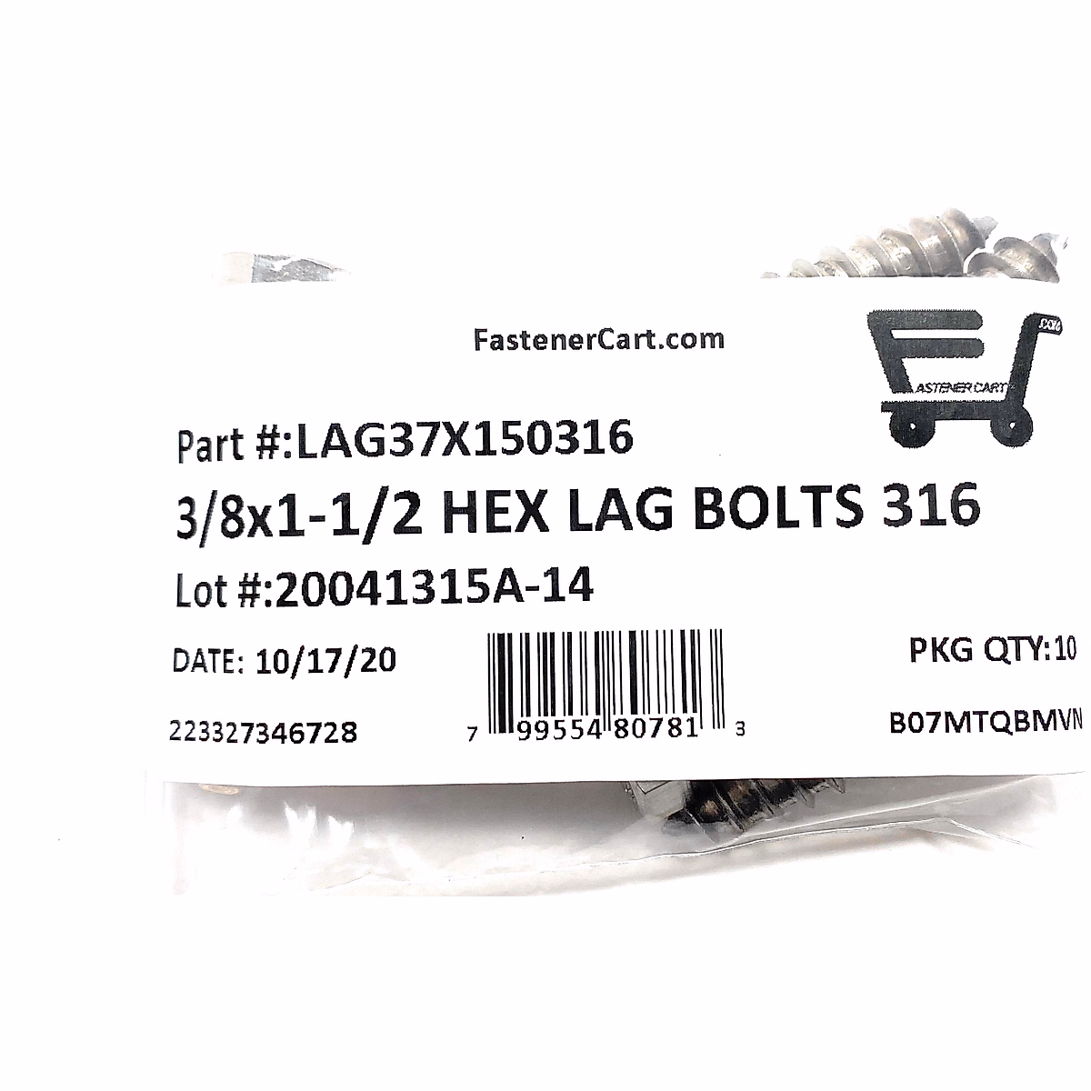 3/8 x 1-1/2" 316 Stainless Steel Hex Head Lag Bolts Lag Screws Marine Grade (10 Pieces)