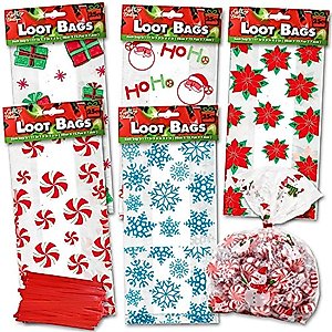 Christmas Gift Bags for Holiday Gifts - Cellophane Goodie Treat and Party Favor Bag with Twist Ties (150 Pack)