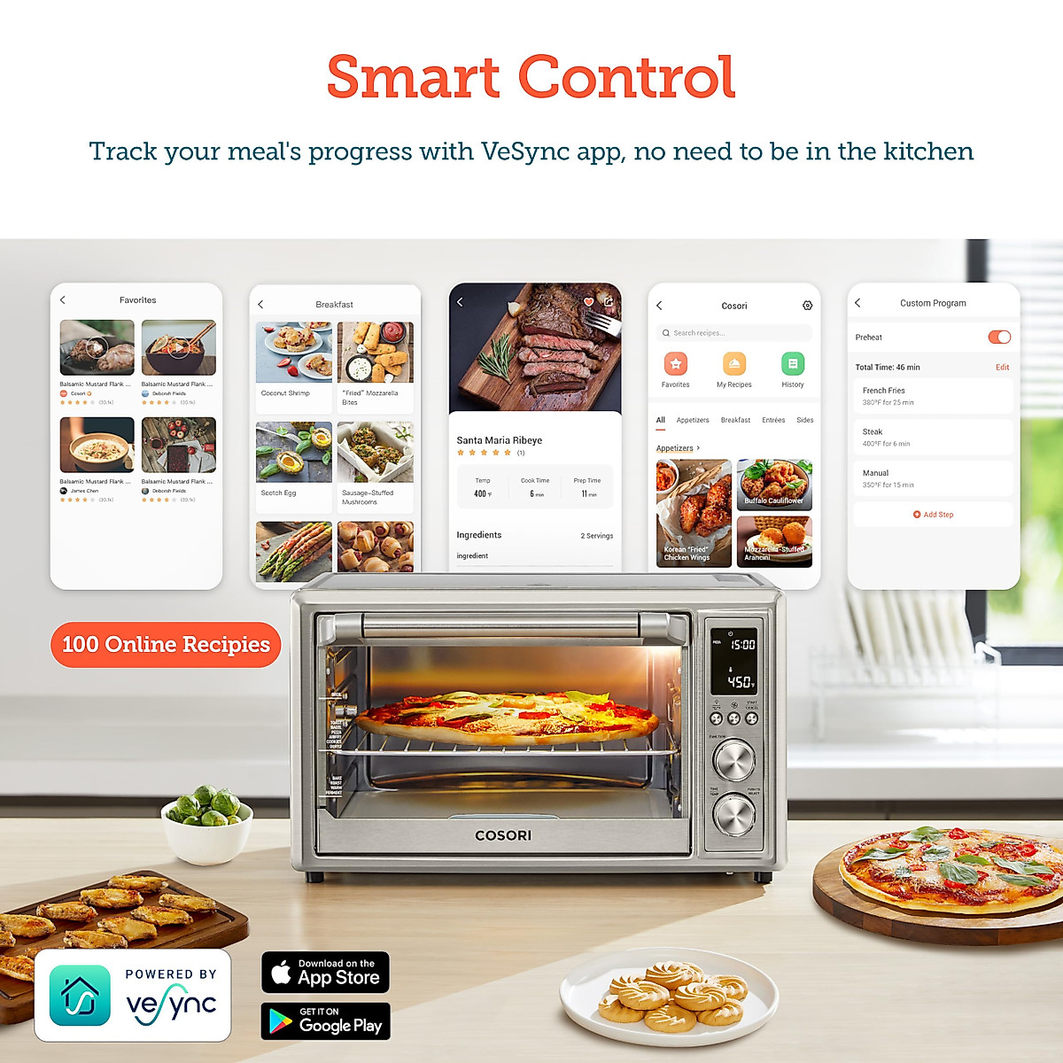 COSORI Smart 13-in-1 Air Fryer Toaster Oven Combo, Airfryer Rotisserie Sous Vide Convection Oven Countertop, Bake, Broil, Roast, Dehydrate, 134 Recipes & 4 Accessories, 32QT, Silver, Stainless Steel