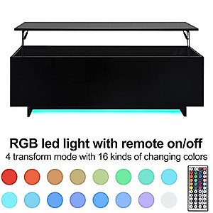 High Gloss Lift Top Table with Led Lights, Led Coffee Table with Storage Shelf and Hidden Compartment for Home Living Room Reception Room Office, Black