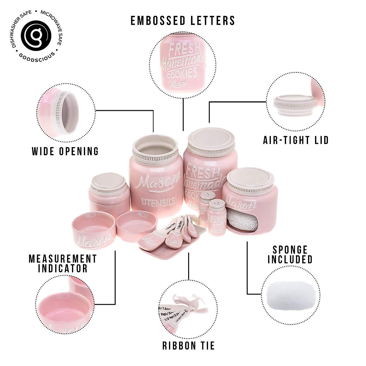 Farmhouse Canisters Sets for the Kitchen - Mason Jar Ceramic Kitchen Utensil Holder, Spoon Rest, Cute Cookie Jar, Salt & Pepper Shaker Sets, Sponge Holder, Measuring Cups & Spoons (Pink, 17-Pc Bundle)