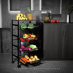 MAWEW Vegetable Kitchen Storage Basket,Potato Storage Basket,Vegetable Storage Cart with Universal Wheel,Rustic Farmhouse Vegetable Storage Basket, Kitchen Vegetable Storage Rack，snack shelf(5 Tier)