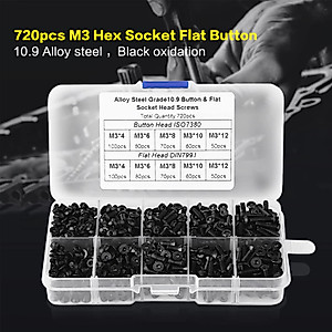 720PCS M3 Hex Bolt Screw Assorted M3x4mm 6mm 8mm 10mm 12mm Black Alloy Steel Pan & Flat Head Hex Socket Screws with Plastic Box