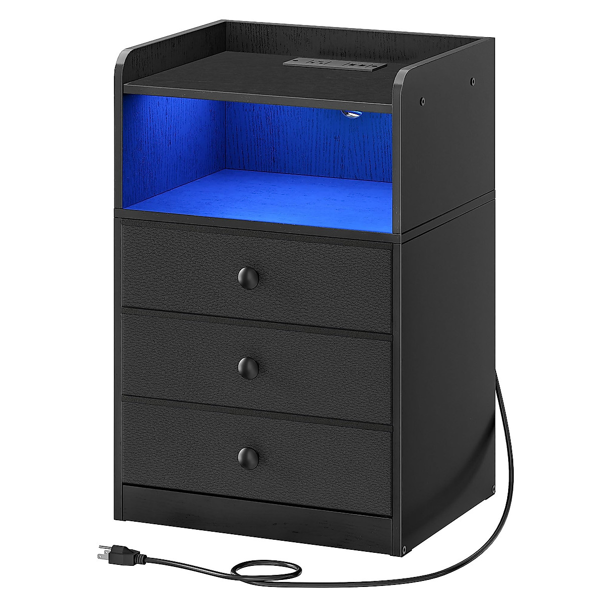 CHOEZON Nightstand with Charging Station and LED Light, Side Table with 3 Fabric Drawers Chest, End Table with USB Ports and Outlet, Bedside Table for Living Room, Bedroom, Black MBZ04UDBB