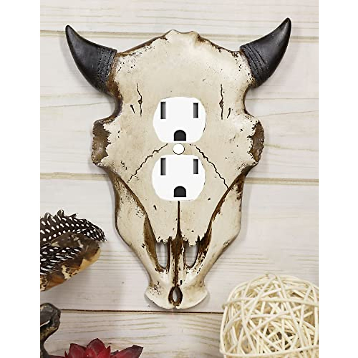 Ebros Gift Set of 2 Western Rustic Bull Bison Cow Skull Wall Electrical Cover Plate Accent 3D Hand Painted Bulls Cows Bisons Buffalos (Double Receptacle Outlet)