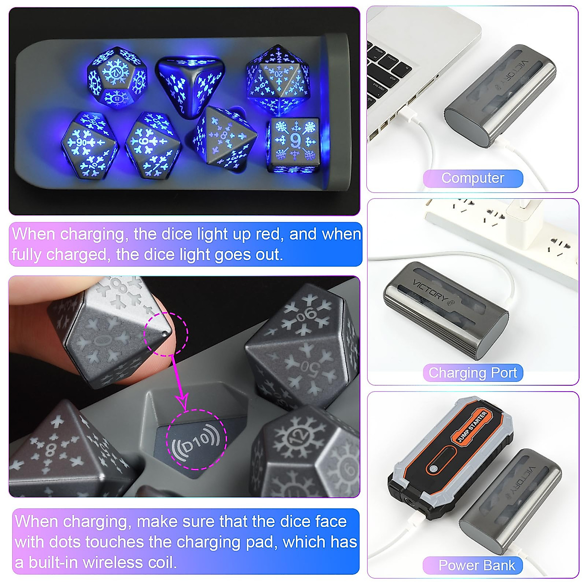 EXCECAR Wireless Charging DND Dice Set, Light Up Dice, Rechargable LED Dice, 7pcs Polyhedral Dice Set for RPG Role Playing Table Game