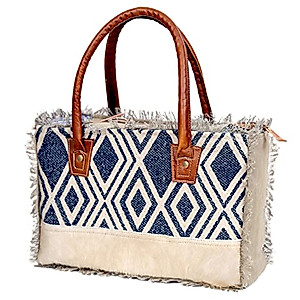 Ruzioon Upcycled Canvas Hand Bag, Upcycled Canvas & Cowhide Leather Tote Bag, Canvas Tote Bag for Women, Canvas Shoulder Bag