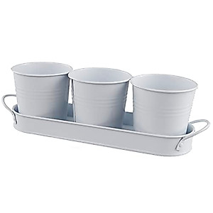 Herb Garden Planter Set – 3-Pcs Set Galvanized Metal Herb Planters for Indoors Plants with Tray – Indoor Plant Pots for Apartment Window, Balcony, Garden – Potting Pots for Herbs and Flowers