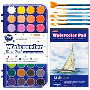 Shuttle Art 43 Pack Watercolor Paint Set, 36 Colors Watercolor Paint Pan Set with 6 Brushes and 1 Watercolor Pad for Beginners, Artists, Kids & Adults Watercolor Painting, Bullet Journal, Calligraphy