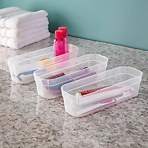 Sterilite 13538608 Narrow Storage Trays with Sturdy Banded Rim and Textured Bottom for Desktop and Drawer Organizing, 3-Pack, Clear