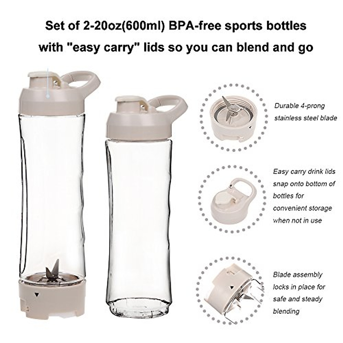Secura 300W Personal Blender for Shakes and Smoothies | Stainless Blade | 2 (20 oz) Single Serving Bottles with Travel Lids