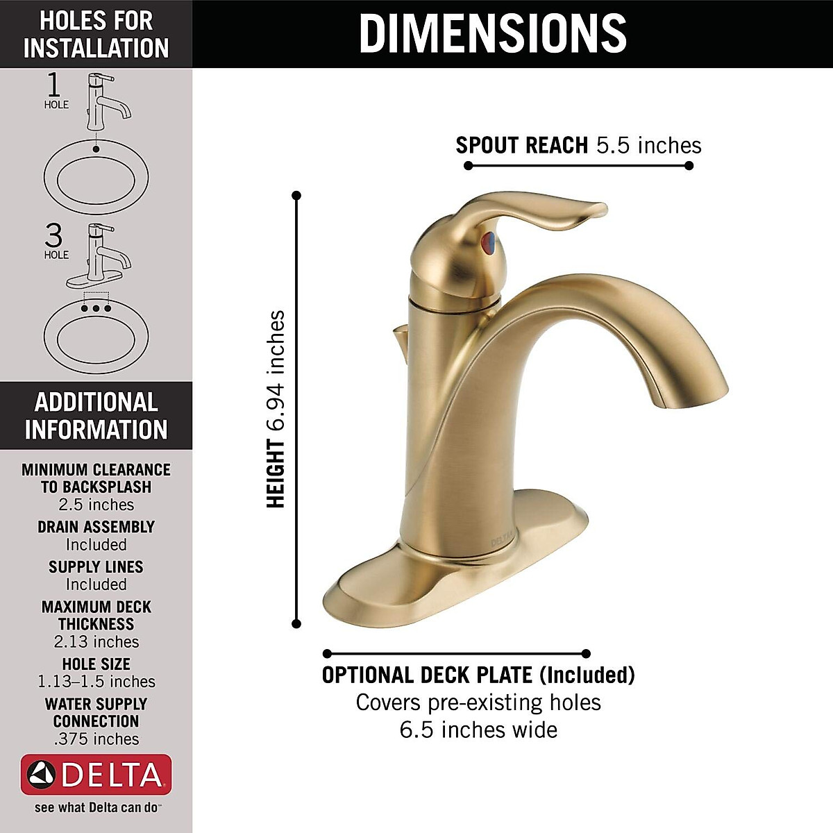 Delta Faucet Lahara Single Hole Bathroom Faucet, Gold Bathroom Faucet, Single Handle, Diamond Seal Technology, Metal Drain Assembly, Champagne Bronze 538-CZMPU-DST