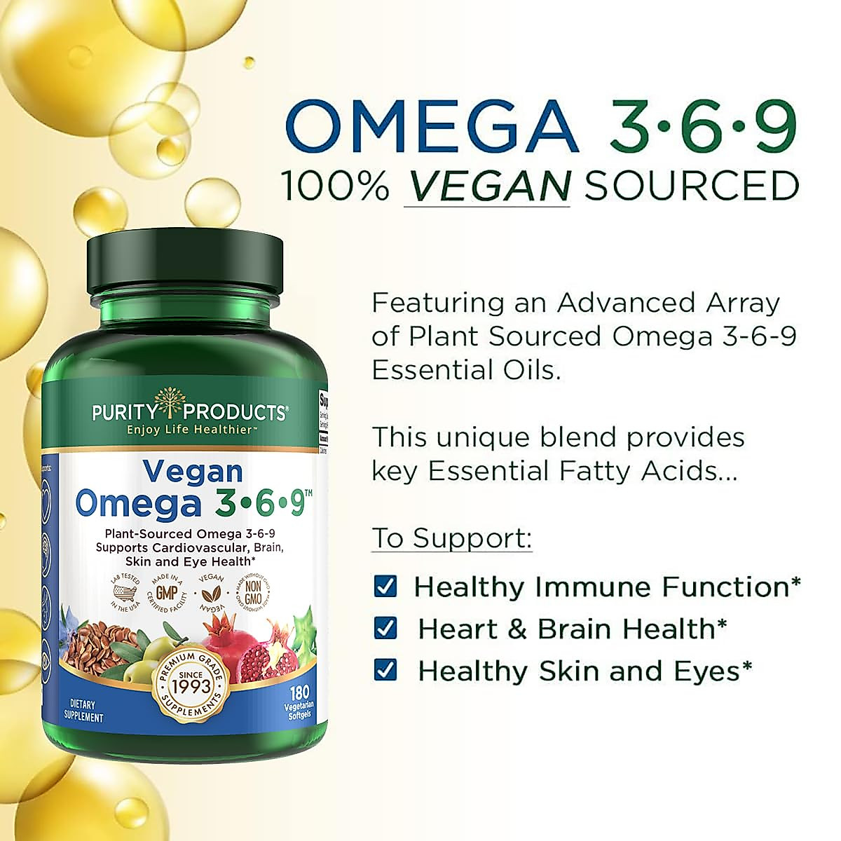 Purity Products Omega 3-6-9 Vegan Omega Formula - “5 in 1” Essential Fatty Acid Complex - Scientifically Formulated Plant-Based Omega 3 6 9 Essential Fatty Acids (EFA) - 3 Month Supply - 180 Softgels