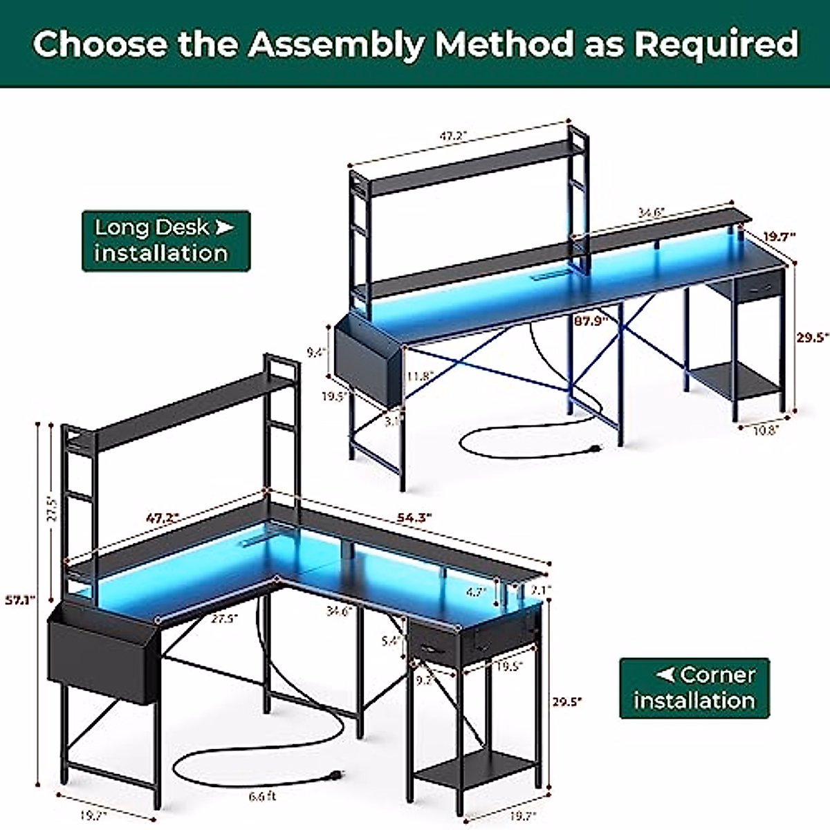 Huuger L Shaped Desk Gaming Desk with LED Lights & Power Outlets, Computer Desk with Storage Shelves, Corner Desk Home Office Desks for Bedroom, Black