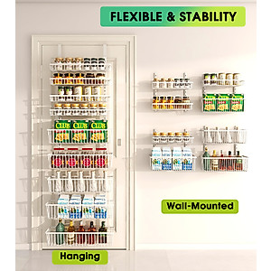 Mefirt White 9-Tier Over The Door Pantry Organizer, Pantry Organization and Storage, Deep Baskets Hanging Heavy-Duty Metal, Wall Spice Rack Seasoning Shelves for Home & Kitchen, Laundry Room Bathroom