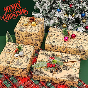 BOLIANNE Brown Christmas Wrapping Paper for Men Women Kids - Rustic Xmas Gift Wrap Paper for Holiday New Year Party - Vintage Design, 6 Large Sheets, 27 x 37 Inch, High Gloss