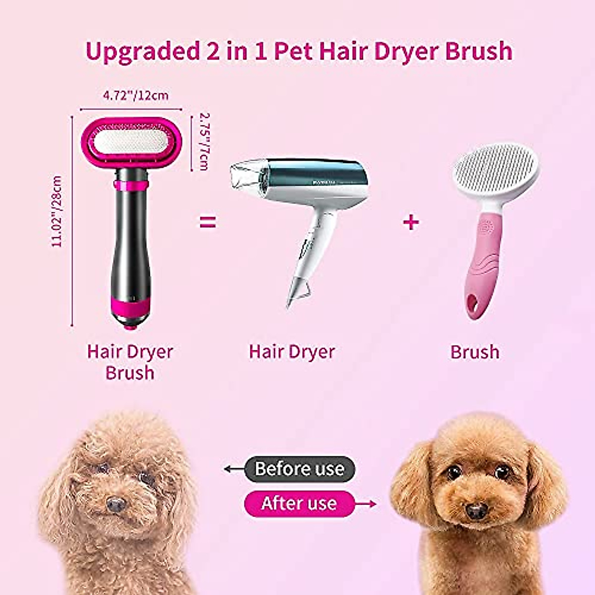 Upgraded Pet Hair Dryer Brush,2 in 1 Pet Grooming Dryer for Small/Medium Dog & Cat,2 Heat Settings & 3 Adjustable Blowing Dryer