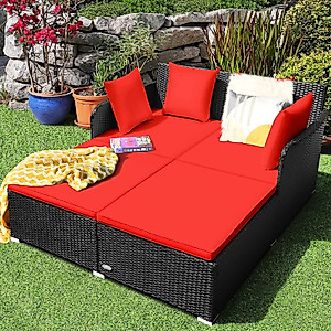 Salches, Outdoor Rattan Daybed, Patio Loveseat Sofa Set w/Comfortable Cushions, Extra Pillows & Metal Foot, Sunbed Wicker Furniture for Yard/Poolside/Living Room/Garden/Porch, Red