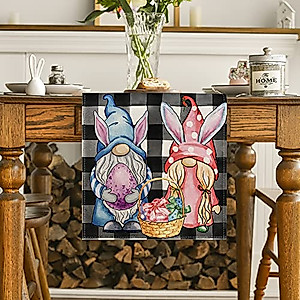 Artoid Mode Buffalo Plaid Bunny Gnomes Eggs Easter Table Runner, Spring Summer Seasonal Holiday Kitchen Dining Table Decor for Indoor Outdoor Home Party Decoration 13 x 72 Inch