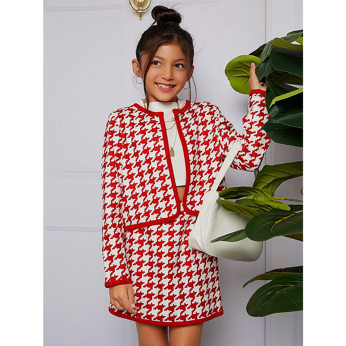 WDIRARA Girl's 2 Piece Outfits Houndstooth Zip Up Half Sleeve Jacket and A Line Skirt Set Red and White 10Y