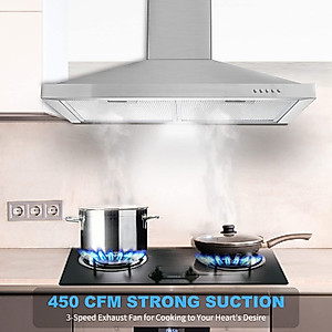 Tieasy Wall Mount Range Hood 30 inch with Ducted/Ductless Convertible Duct, Stainless Steel Chimney-Style Over Stove Vent Hood with LED Light, 3 Speed Exhaust Fan, 450 CFM