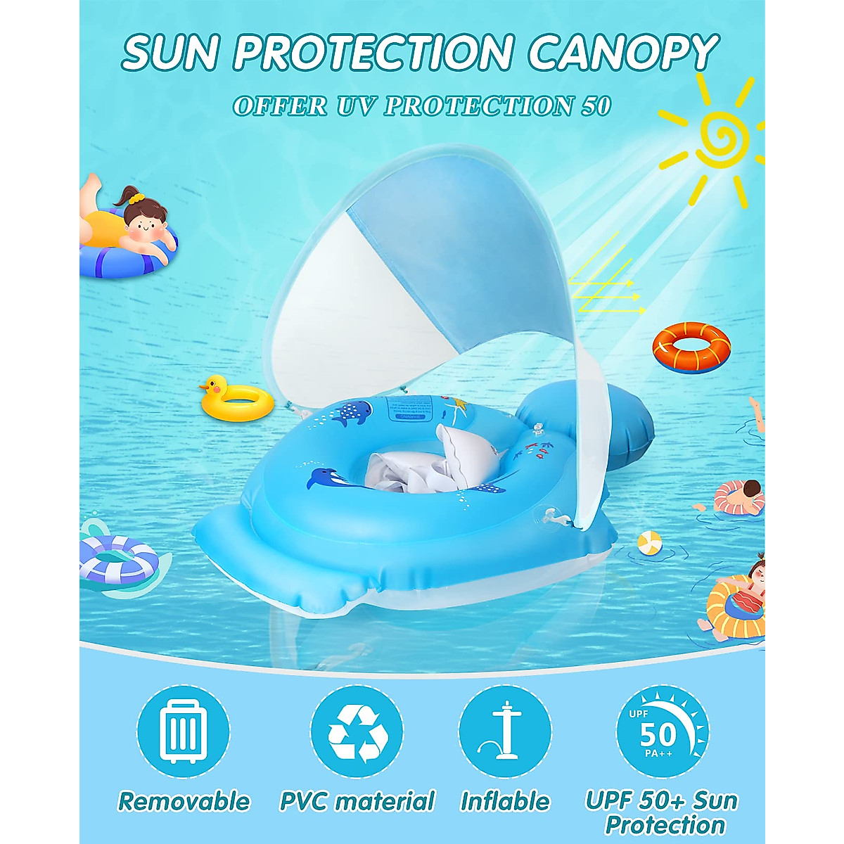 Baby Pool Float with Canopy, Baby Swimming Float Add Tail No Flip, Infant Pool Float, Inflatable Toddler Pool Float with Toys for Age of 3-36 Month (Large)