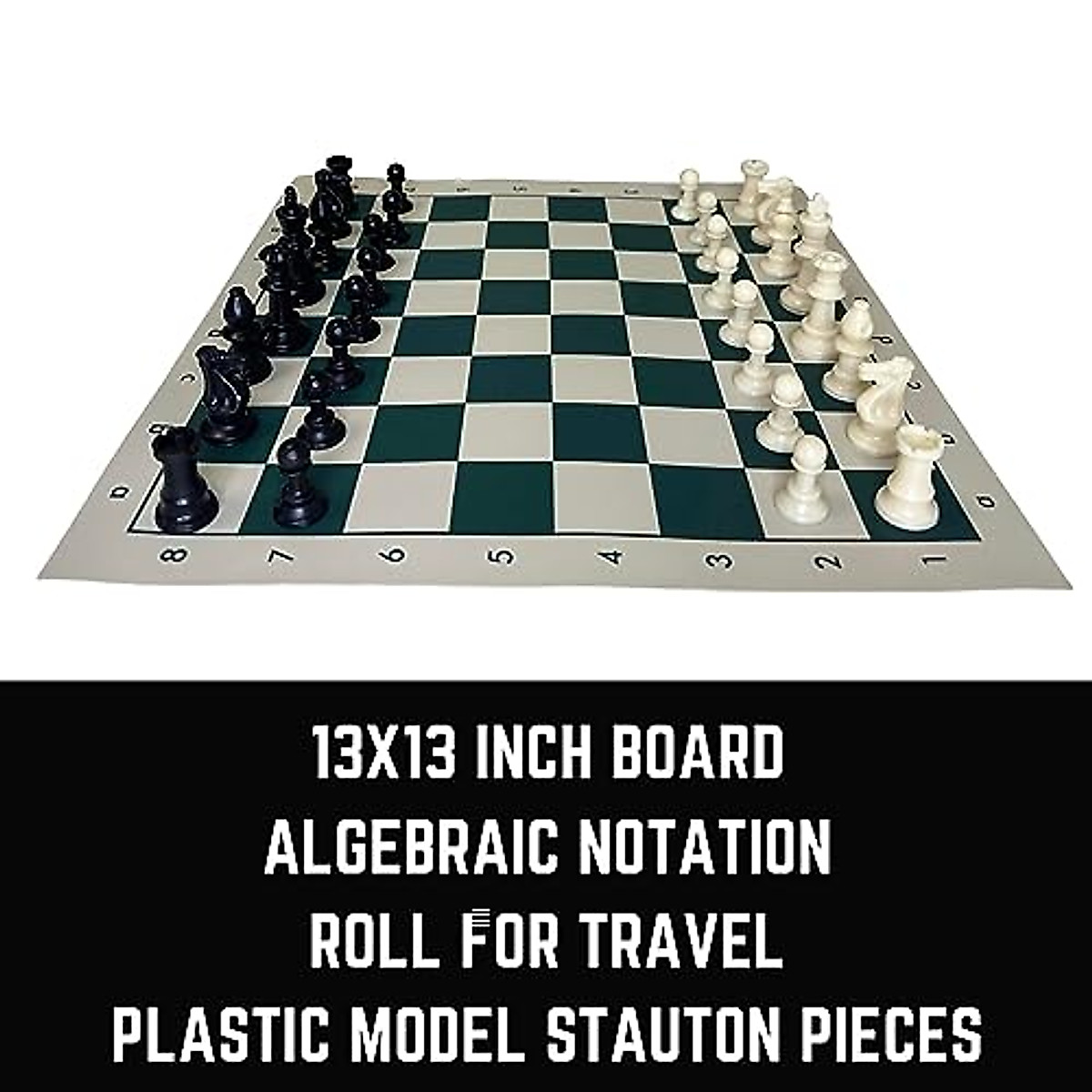 GETORIUM Tournament Chess Set: Portable and Professional Set with Travel Portable Plastic Tube Roll. Plastic Staunton Chess Pieces, Foldable Vinyl Chess Board.(Green, 13X13IN)