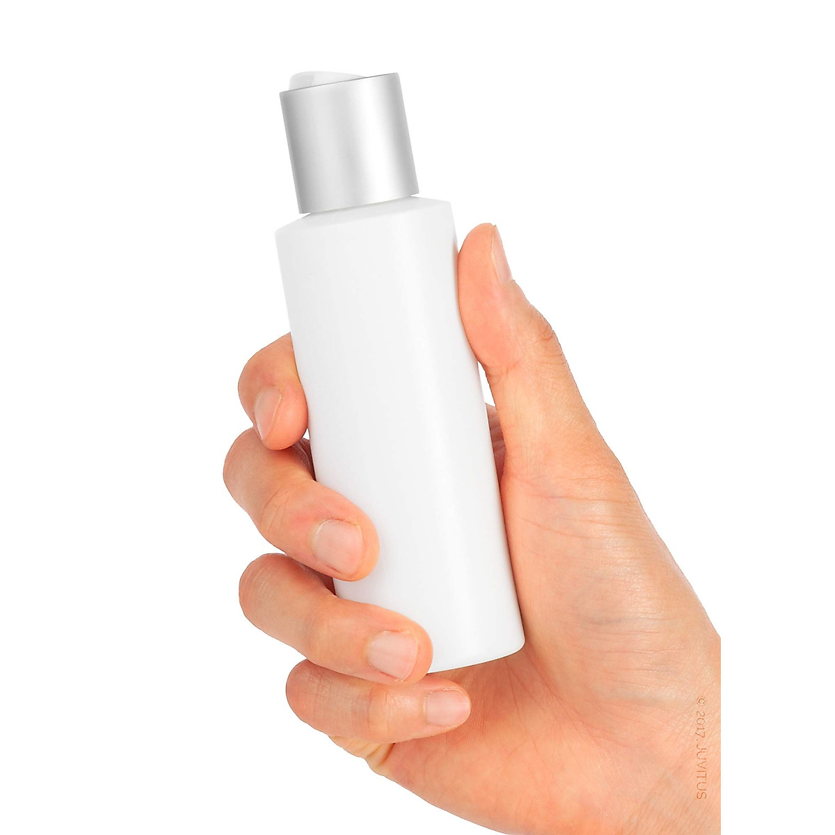 JUVITUS 4 oz / 120 ml White Plastic HDPE Refillable Cylinder Squeeze Bottle with Silver Disc Cap (6 Pack)