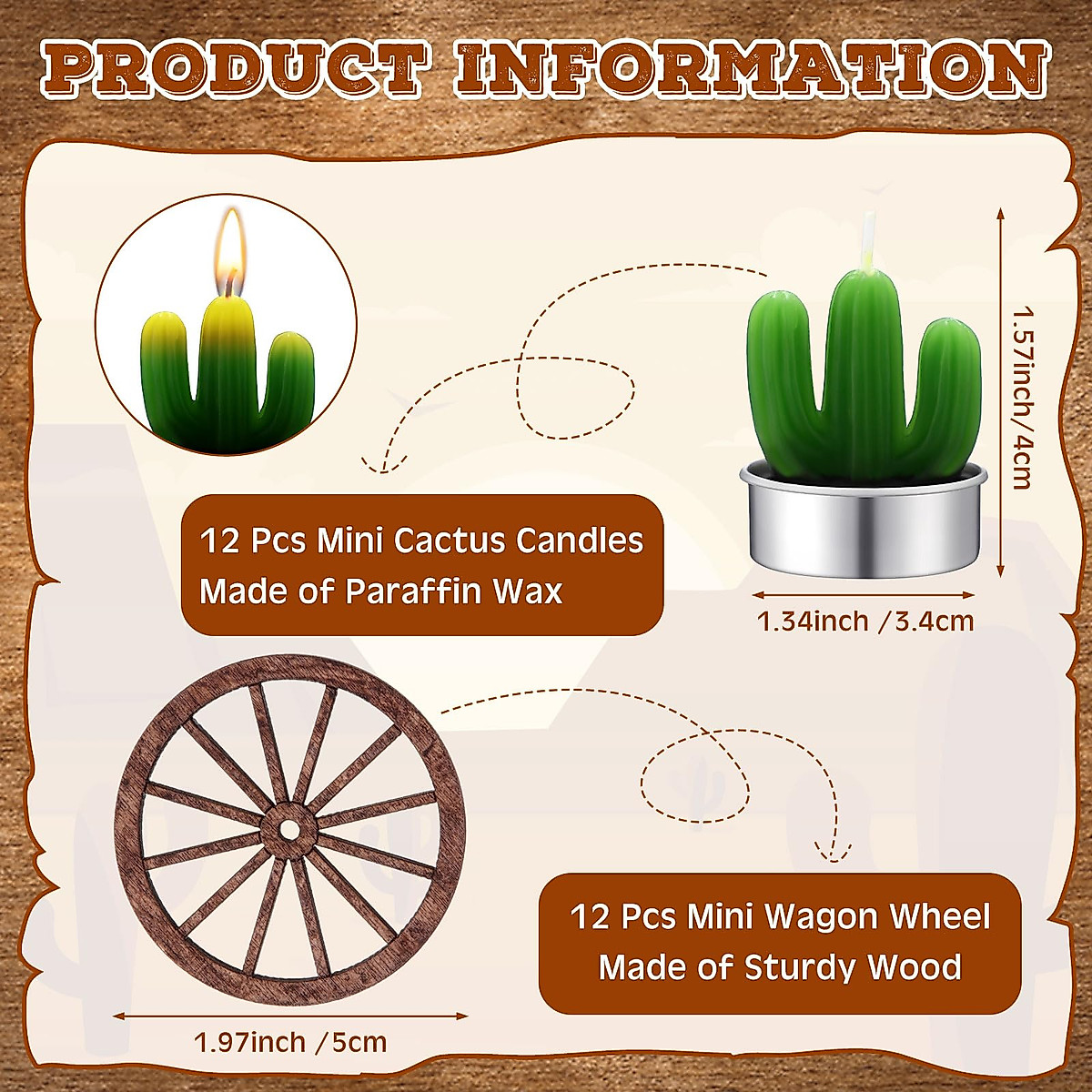 Junkin 24 Pcs Western Theme Party Decorations Birthday Table Centerpieces Mini Cactus Candles Horseshoes Wagon Wheels Horse Rodeo Decor for Crafts Wedding Party Favor (Cactus Candles, Wagon Wheels)